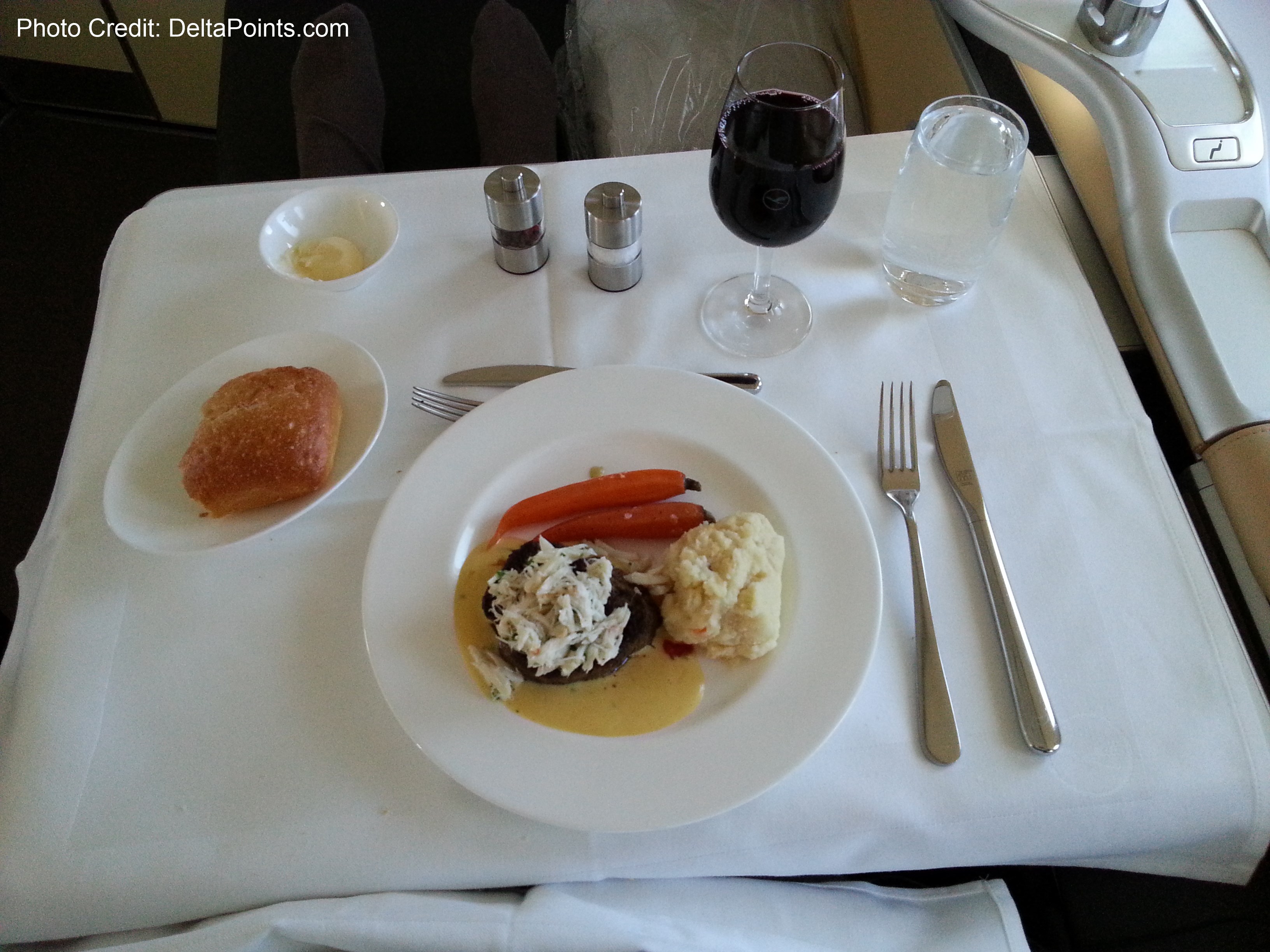 steak and lump crab meat dinner 1st class lufthansa 747-8 delta points ...