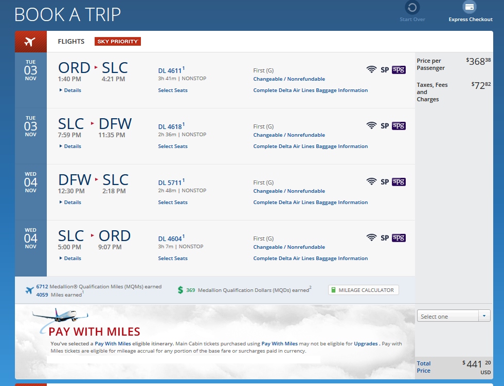 Chicago to Dallas 1st class $441 & 6712MQMs at 6.6CPM weekday Delta ...