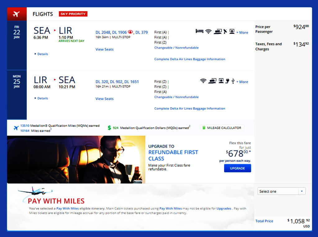 Seattle to Liberia Costa Rica 1st class $1,059 & 13,510MQMs at 7.8CPM ...