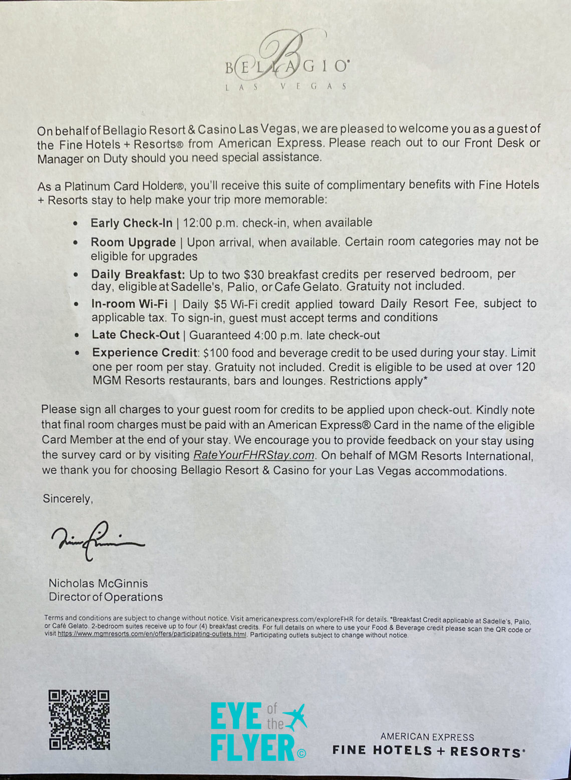 Bellagio Fine Hotels and Resorts (FHR) Welcome Letter - Eye of the Flyer
