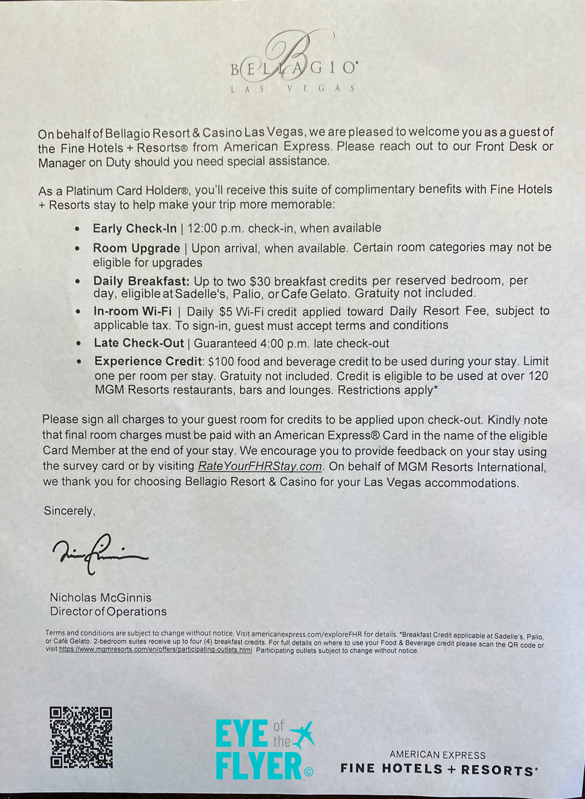 Bellagio Fine Hotels and Resorts (FHR) Welcome Letter - Eye of the Flyer