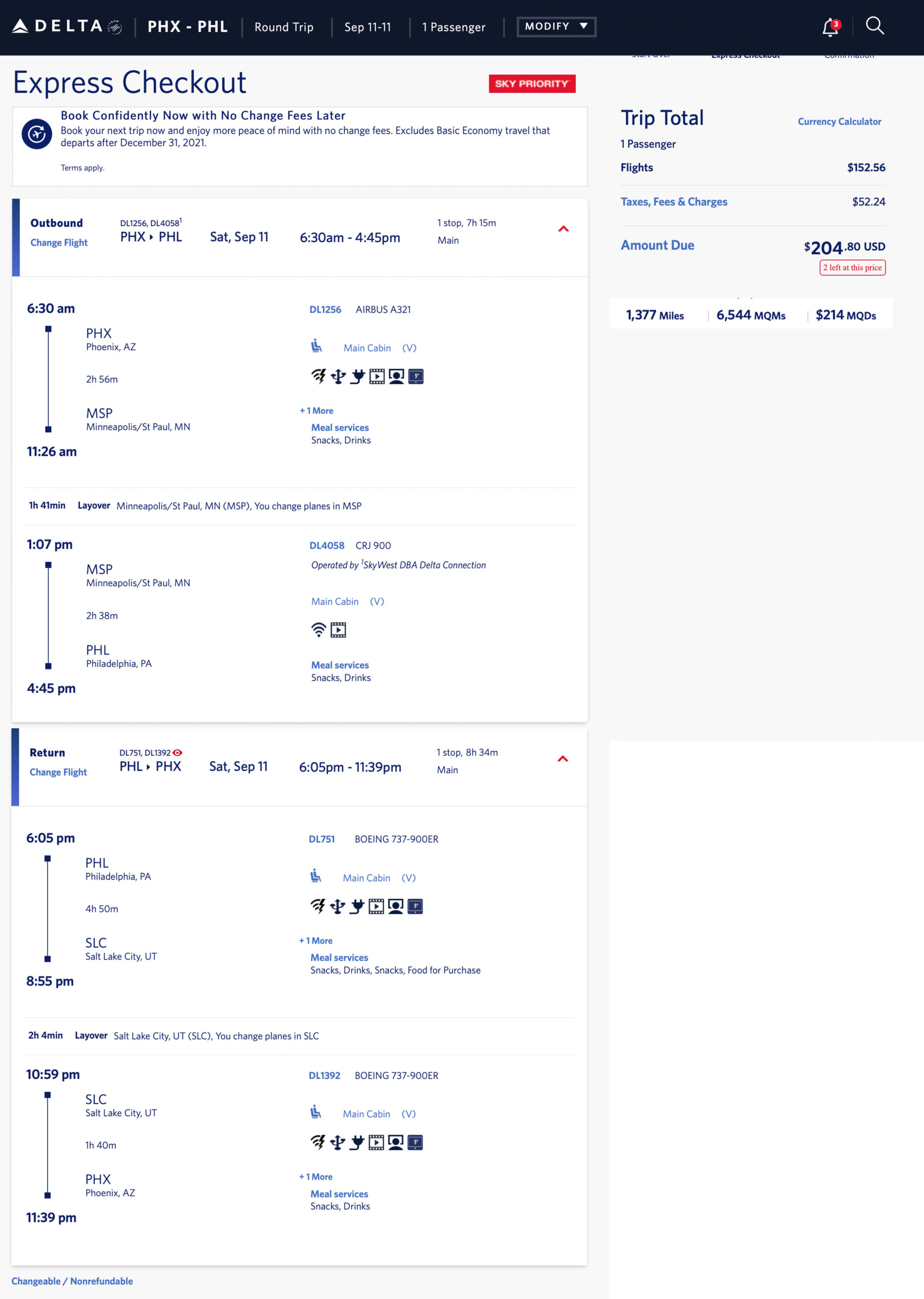 Delta One Day (Saturday) Mileage Run: Phoenix (PHX) to Philadelphia ...