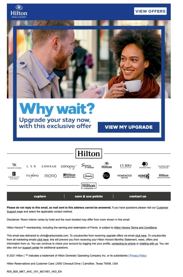 Hilton-Chicago-O'Hare-Airport-Hotel-Upgrade-Email - Eye of the Flyer