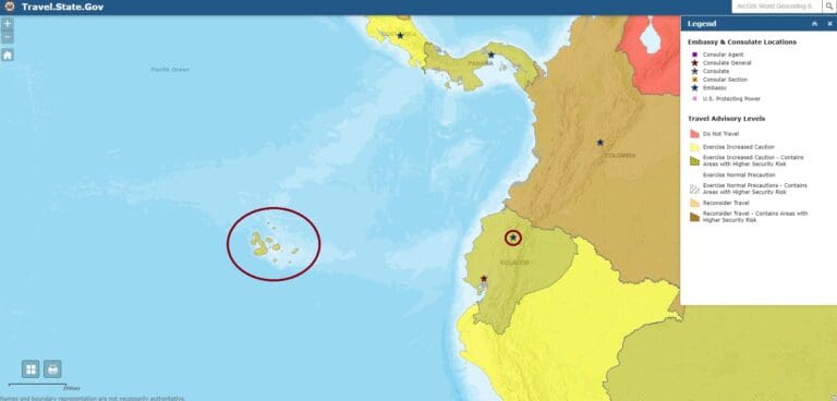 Ecuador US Department of State Warnings Map Quito and Galapagos - Eye ...