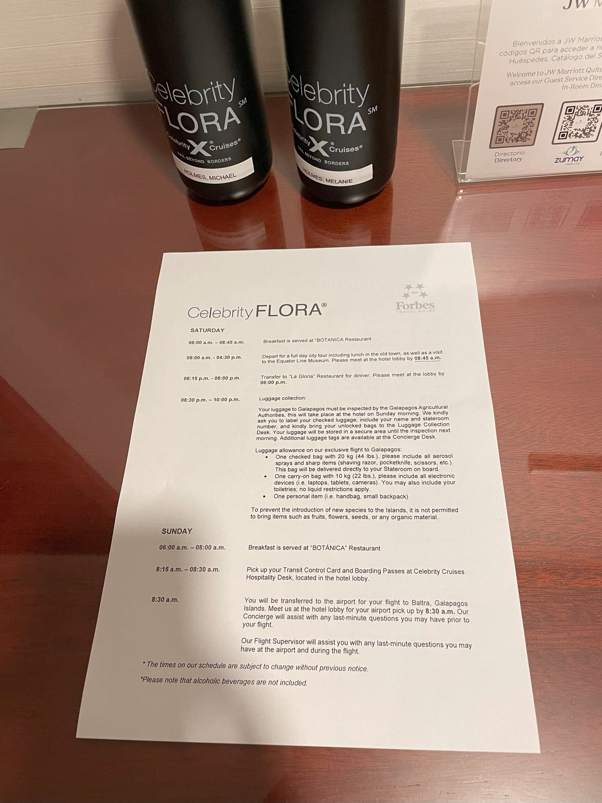 Celebrity Flora Welcome Letter and Refillable Insulated Water Bottles ...
