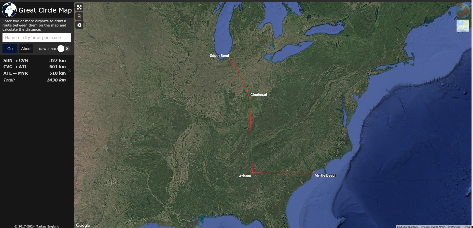great circle map of sbn-cvg-atl-myr - Eye of the Flyer